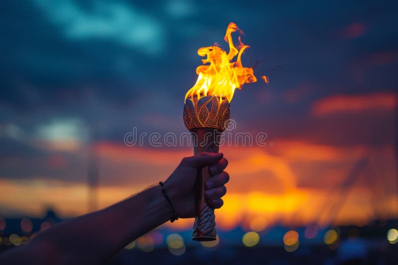 Man Raising the Olympic Torch with Flame in Front of the Eiffel Tower ...