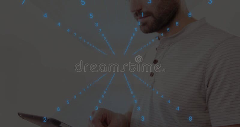 Man Raising Tablet and Tapping Screen while Forming Blue Overlay for ...