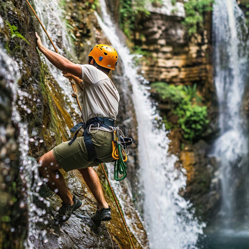 Man Rappelling Down a Waterfall in a Lush Canyon Stock Image - Image of ...