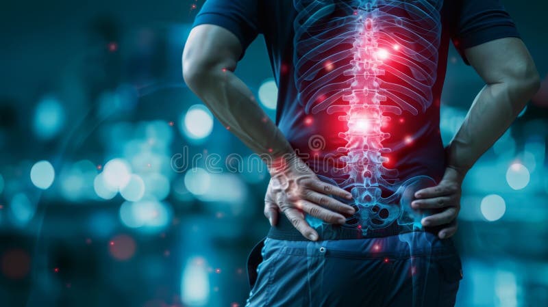 Man with X-Ray View of Spine and Lower Back Pain Stock Illustration ...