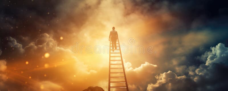 A Man Reaches for a Ladder Towards a Brighter Future Stock Illustration ...