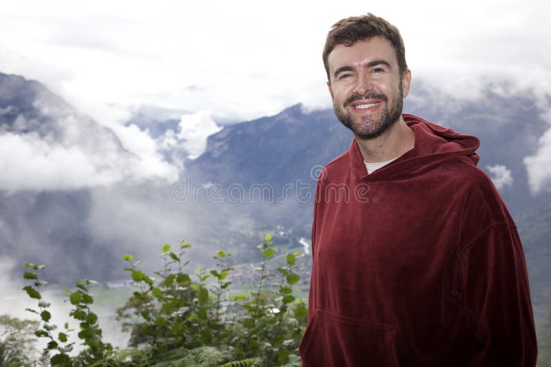 Man Reaching the Top of a High Mountain Stock Photo - Image of latino ...