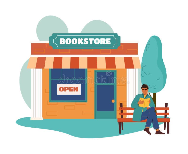Man Reading Book Outside Bookstore. Vector Illustration Stock Vector ...