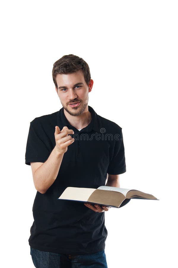 Man Reading a Book and Pointing His Finger Stock Image - Image of ...