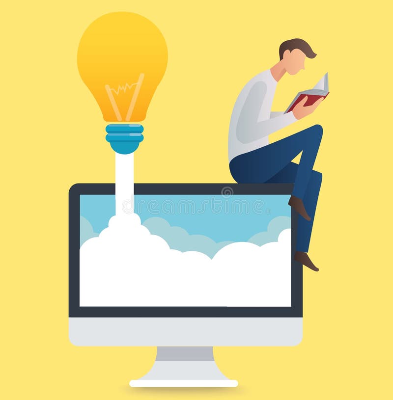 Man Reading Book Sitting on a Computer and Light Bulb Vector Stock ...