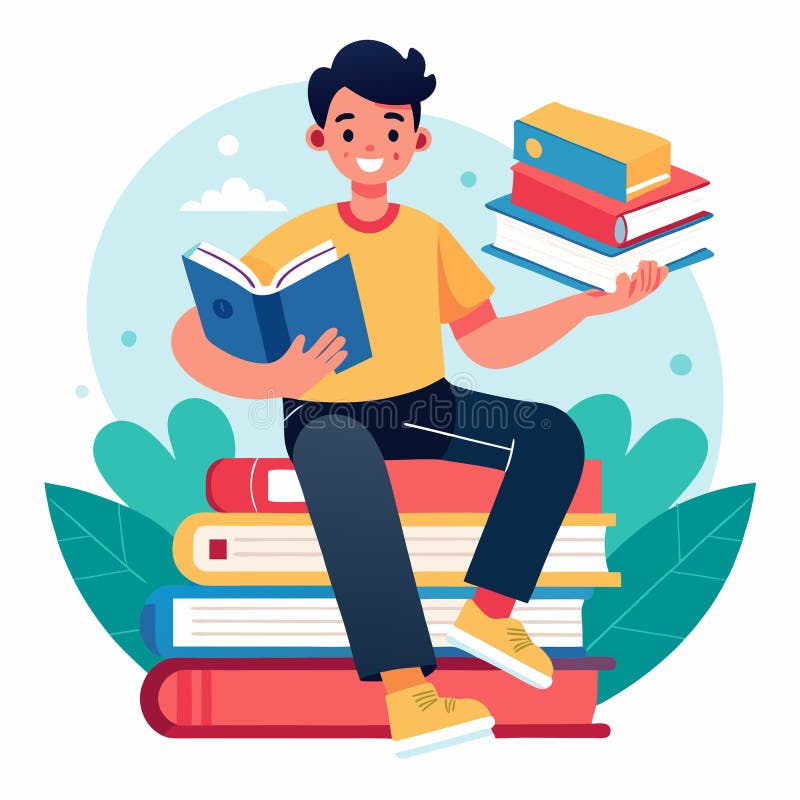 Man Reading a Book while Sitting on a Stack of Books Stock Vector ...
