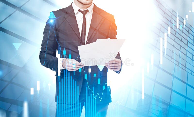 Man Reading Documents in City, Graphs Stock Photo - Image of investment ...