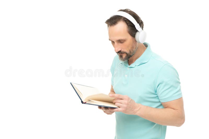 Man Reading Elearning in Headphones, Advertisement. Photo of Man ...