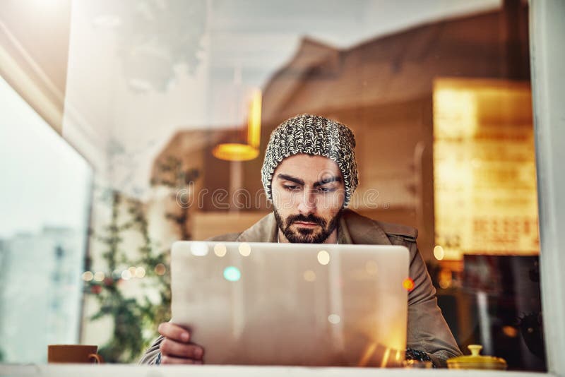 Man, Reading and Laptop in Cafe by Window with Studying, Internet ...