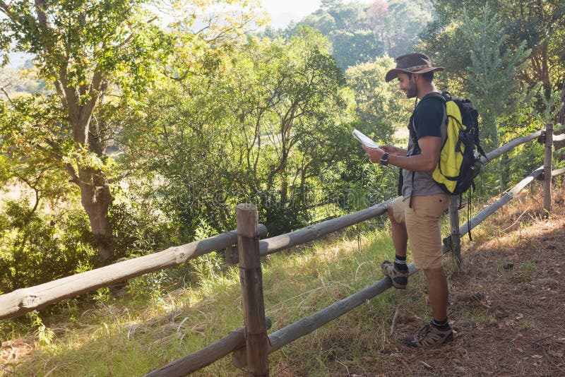 Man Reading the Map Near the Wooden Fence Stock Image - Image of ...