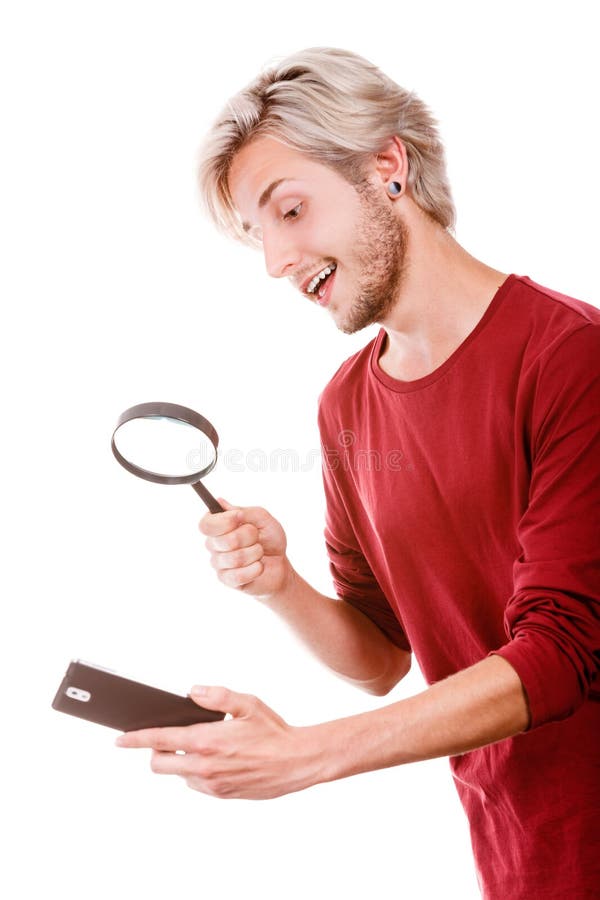 Man Reading Message on Phone Using Loupe Stock Image - Image of male ...