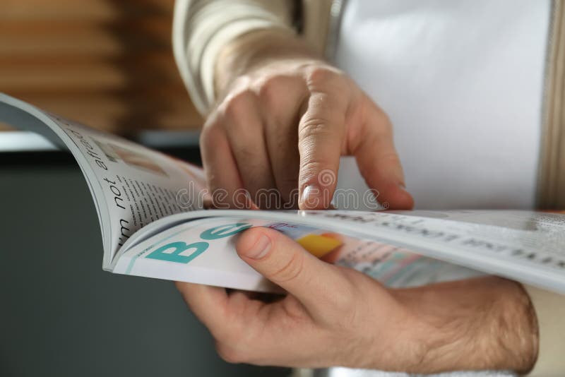Man Reading Modern Magazine Indoors, Closeup View Stock Image - Image ...