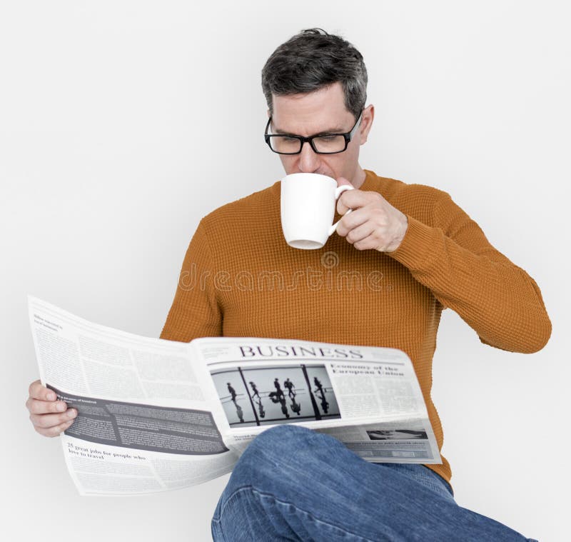 Man Reading Newspaper Information Coffee Drinking Stock Image - Image of crossing, people: 89035911