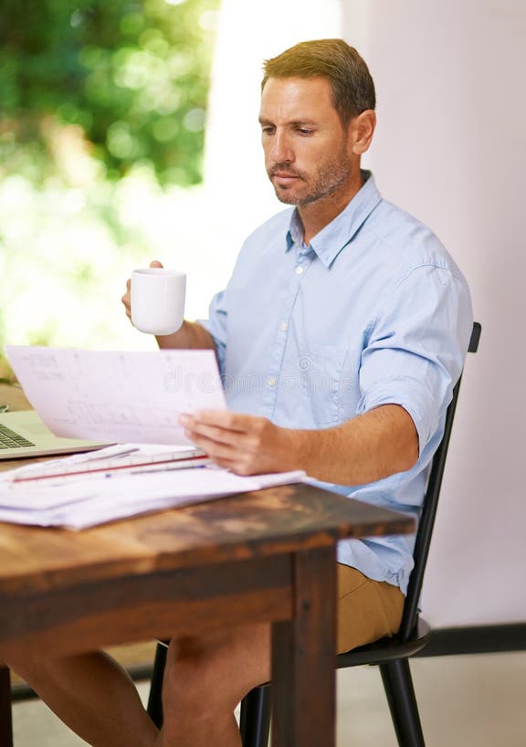Man, Reading and Paperwork with Coffee for Remote Work from Home Office ...