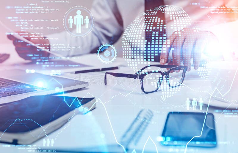 Man Reading Report in Office, Big Data Icons Stock Photo - Image of ...