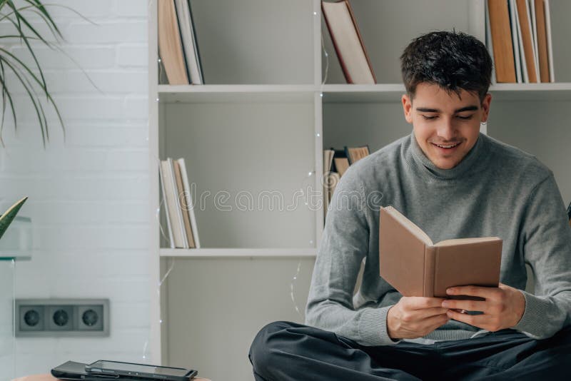 Man Reading Textbook at Home or Library Stock Photo - Image of exam ...