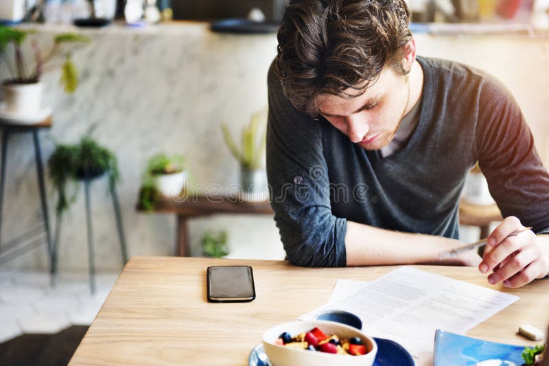 Man Reading Writing Research Thinking Cafe Restaurant Concept Stock ...