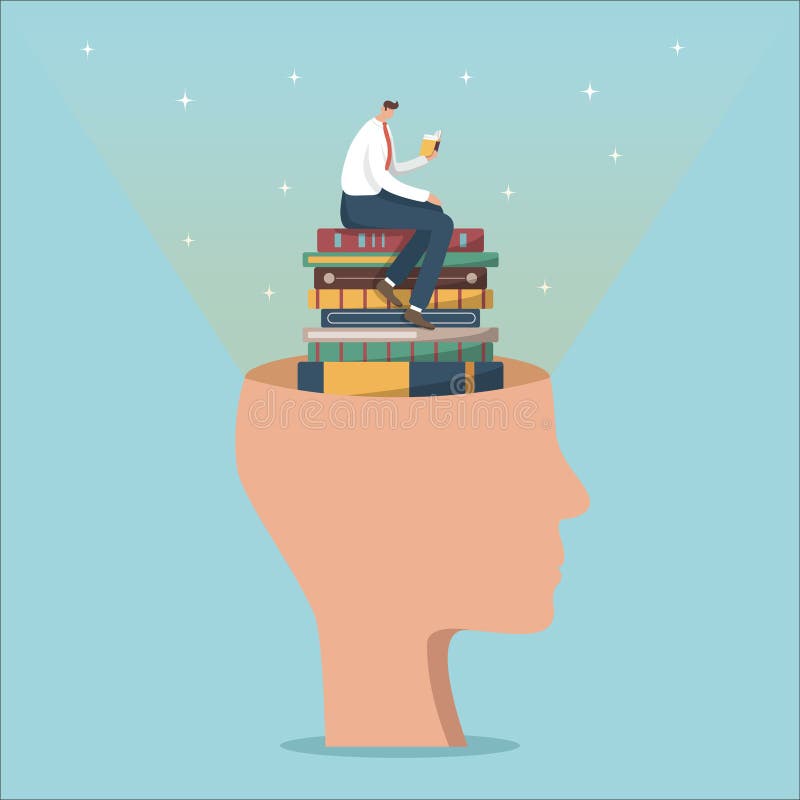 Man Reads a Book and Sits in a Head Stock Illustration - Illustration ...