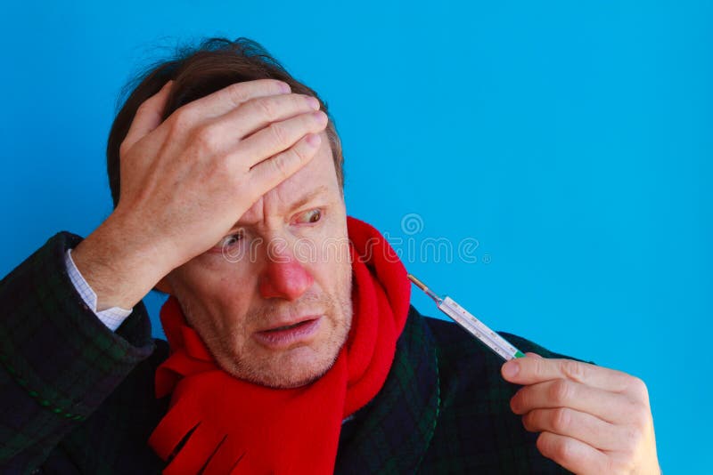 A Man Reads Terrified His High Temperature Stock Image - Image of nose ...