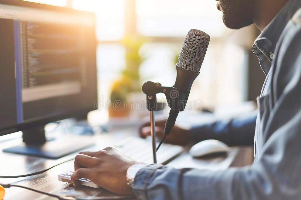A Man Recording Audio in Front of a Computer, Working with a Microphone ...