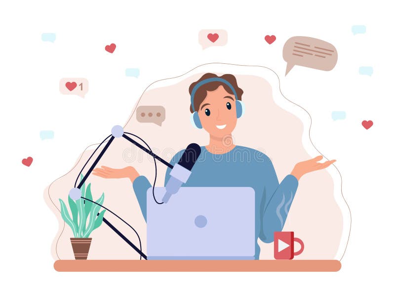 Man Recording Podcast. Podcast Concept in Flat Style Stock Vector ...