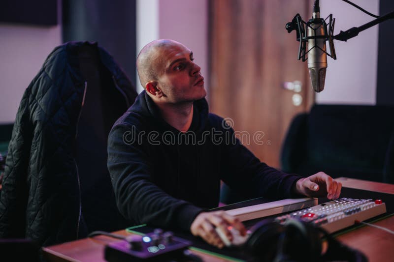 A Man in a Recording Studio Focuses on His Work, Using Audio Equipment ...