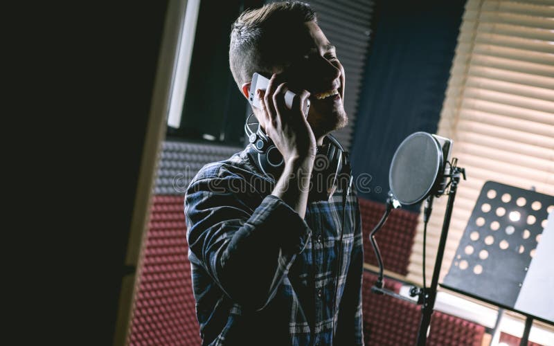 Man in Recording Studio Speaking by Phone Stock Image - Image of gadget ...