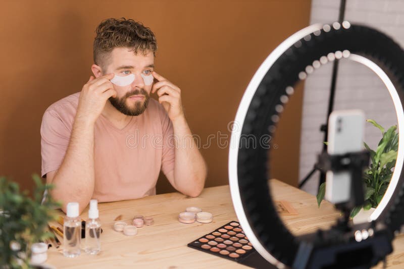 Man Recording Video Vlog while Applying Cosmetics or Explore Cosmetic ...
