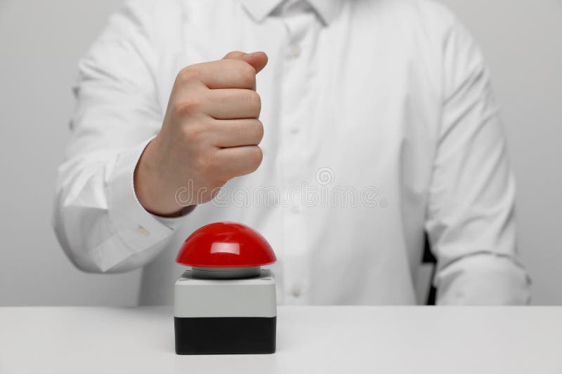 Man with Red Button of Nuclear Weapon at White Table, Closeup and Space ...
