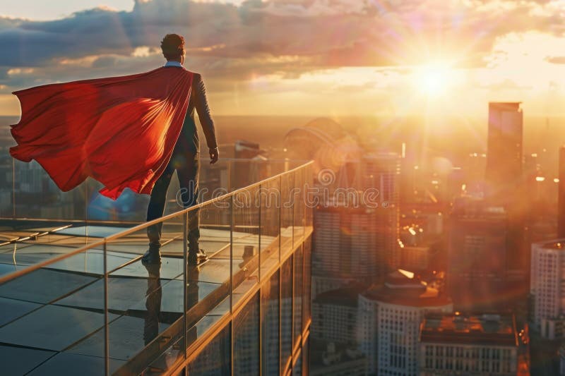 A Man in a Red Cape Stands on a Rooftop in a City Stock Photo - Image ...