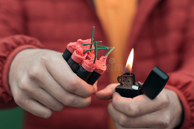Man in Red Jacket Lighting Up Several Firecrackers Stock Image - Image ...