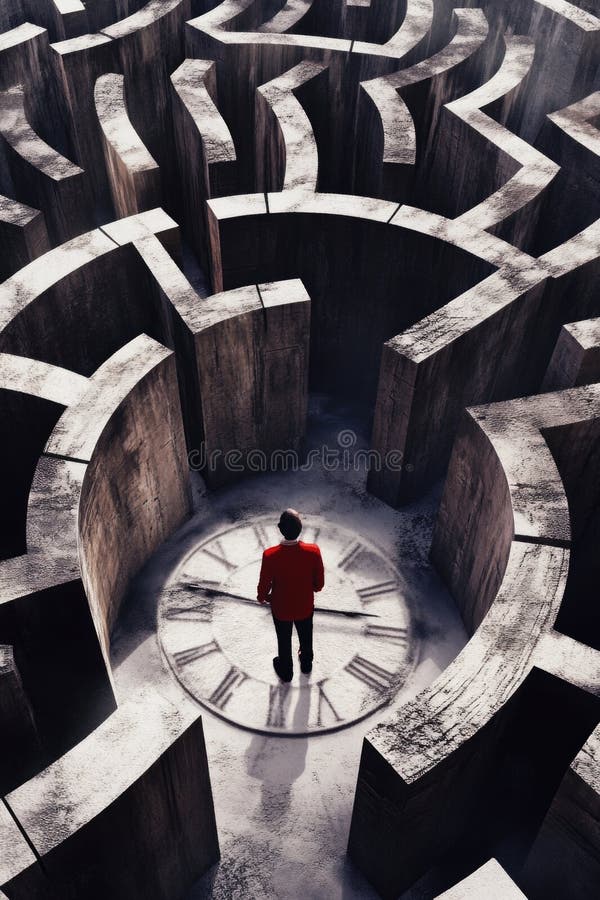 Man in Red Jacket Standing in Clock Maze Symbolizing Time and Decision ...