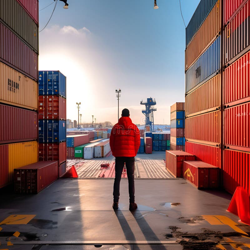 Man in Red Jacket Standing in Front of Cargo Containers at Sunset ...