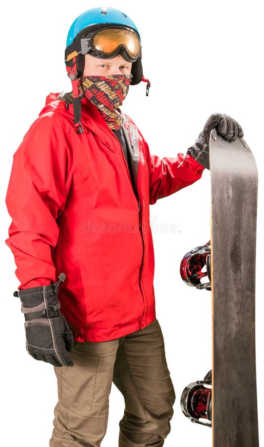 Man in Red Jacket Standing with Snowboard Stock Image - Image of helmet ...