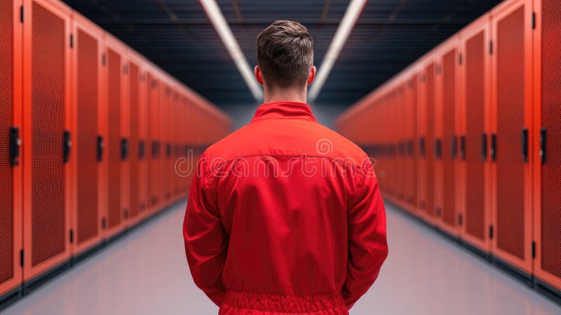 Man in Red Jacket Stands in Data Center Corridor with Orange Server ...