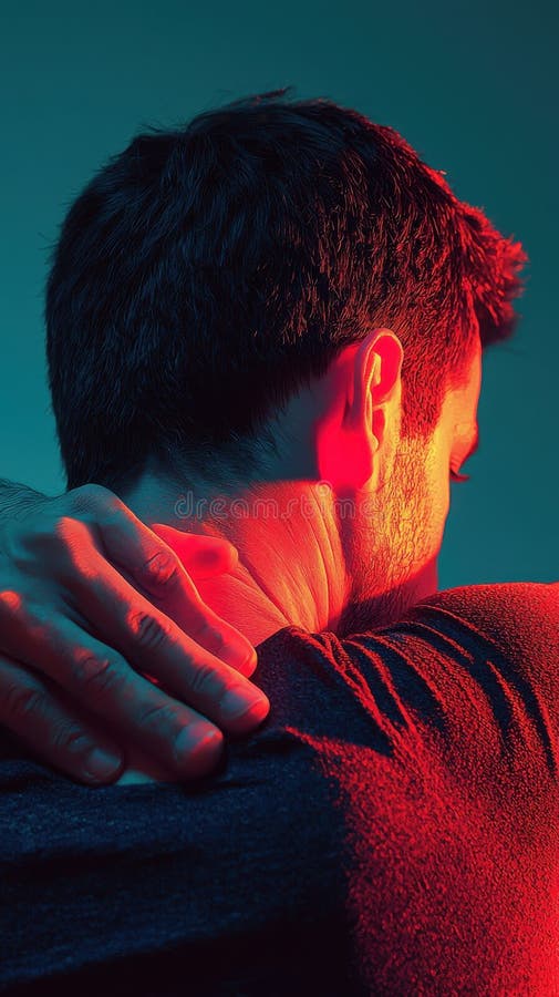 Man with a Red Light Positioned on His Neck Against a Dark Background ...