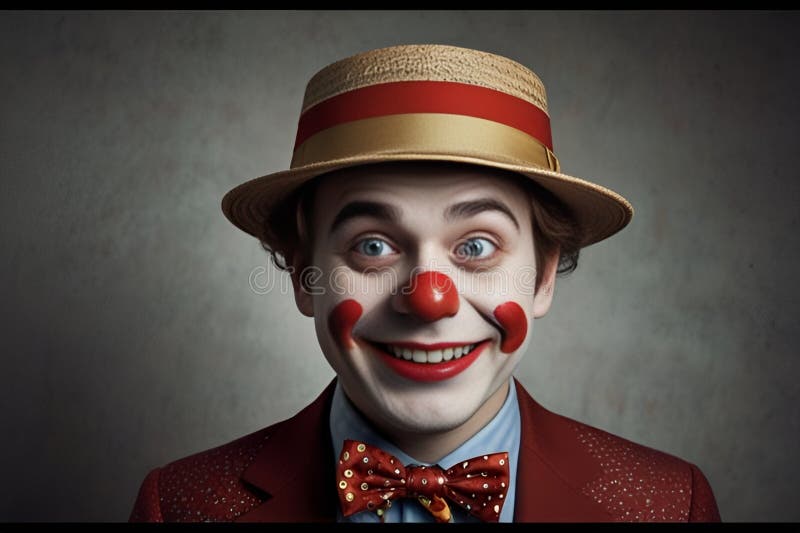 Man with Red Nose and Cheeks in Hat on Gray Background Looking at ...