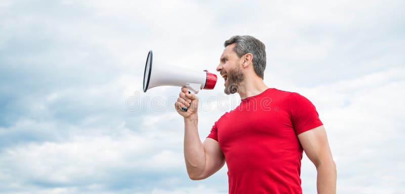 Man in Red Shirt Shout in Loudspeaker on Sky Background Stock Image ...