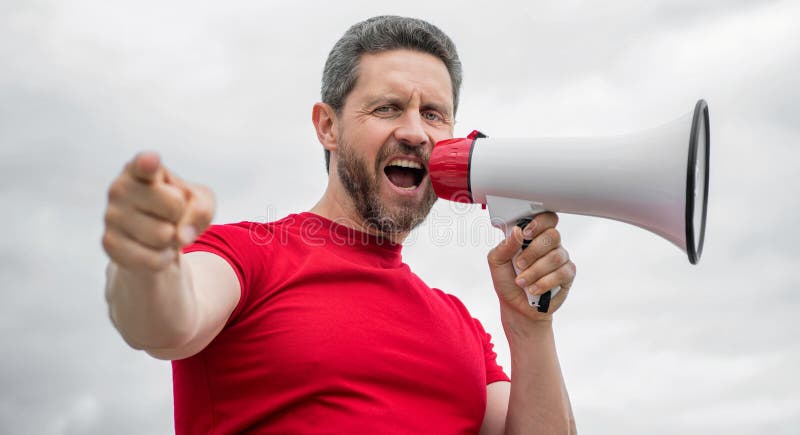 Man in Red Shirt Shout in Loudspeaker on Sky Background. Vacancy Stock ...