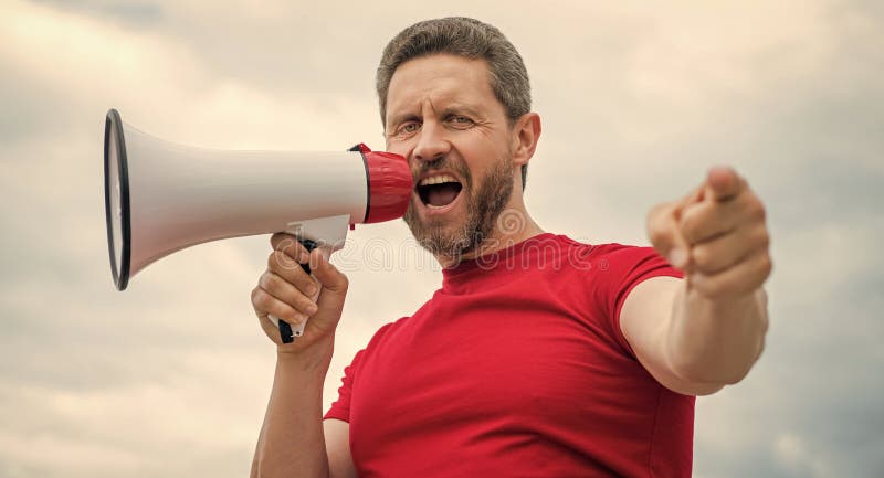 Man in Red Shirt Shout in Loudspeaker on Sky Background. Vacancy Stock ...