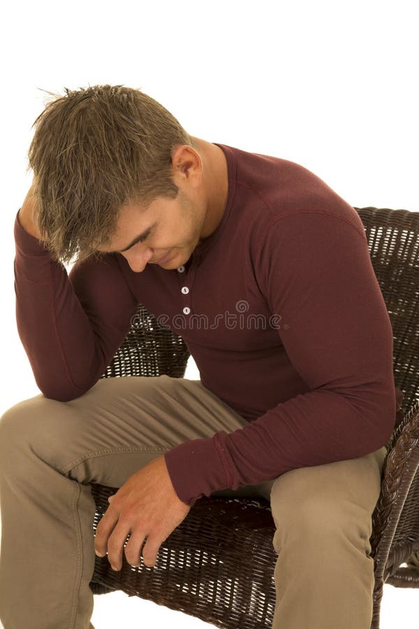 Man in Red Shirt Sitting Hand by Head Look Down Stock Image - Image of ...