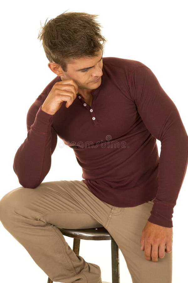 Man in Red Shirt Sitting Sit Lean Forward on Stool Stock Photo - Image ...