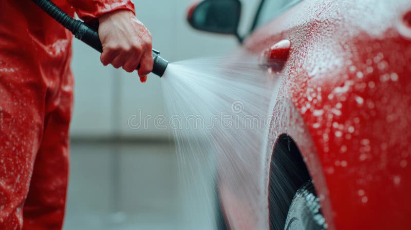 A Man in Red Suit Spraying a Car with Water, AI Stock Photo - Image of ...