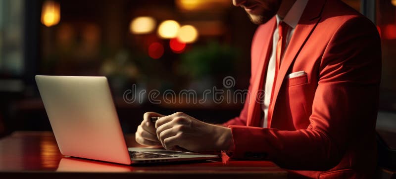 Man in Red Suit Working on Laptop. Professional Businessman in Red ...