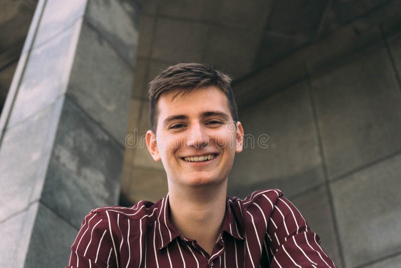 Man In Red And White Striped Collared Shirt Smiling Picture. Image ...