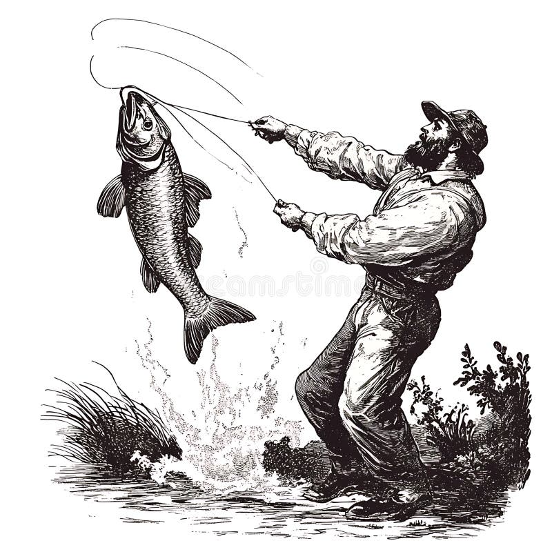 Man Reeling in a Large Fish Stock Illustration - Illustration of animal ...