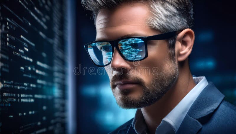 Man And Reflection In Glasses Focused On Cyber Security Programming Stock Illustration