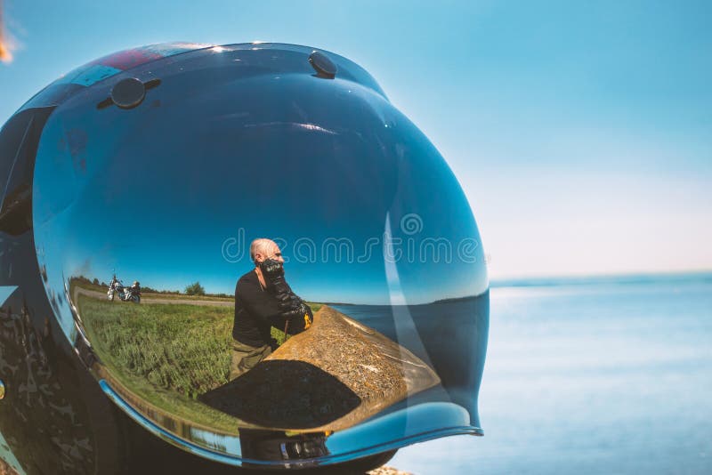 A Man in the Reflection of His Motorcycle Helmet Stock Photo - Image of ...