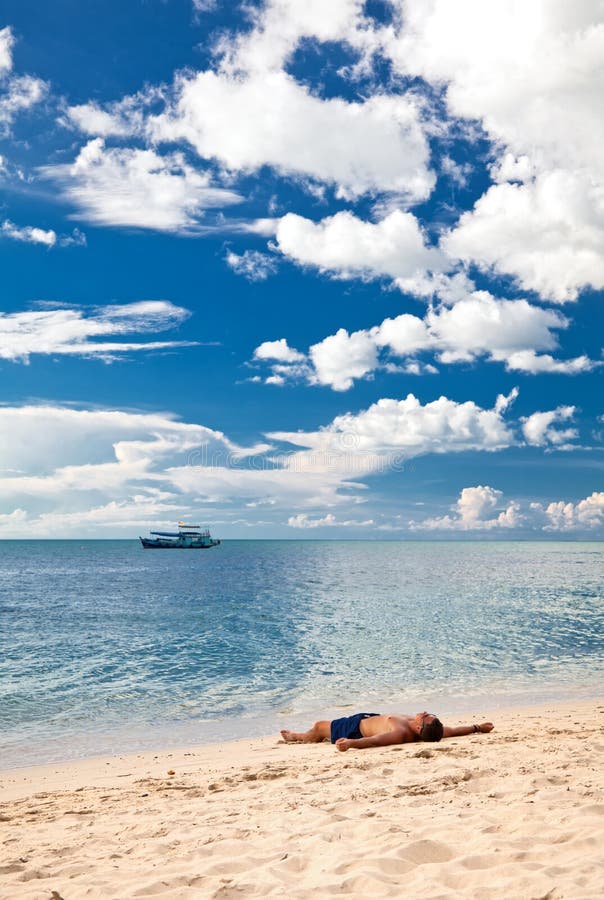 Man Relax on Sand at Lonely Beach Stock Image - Image of islands ...