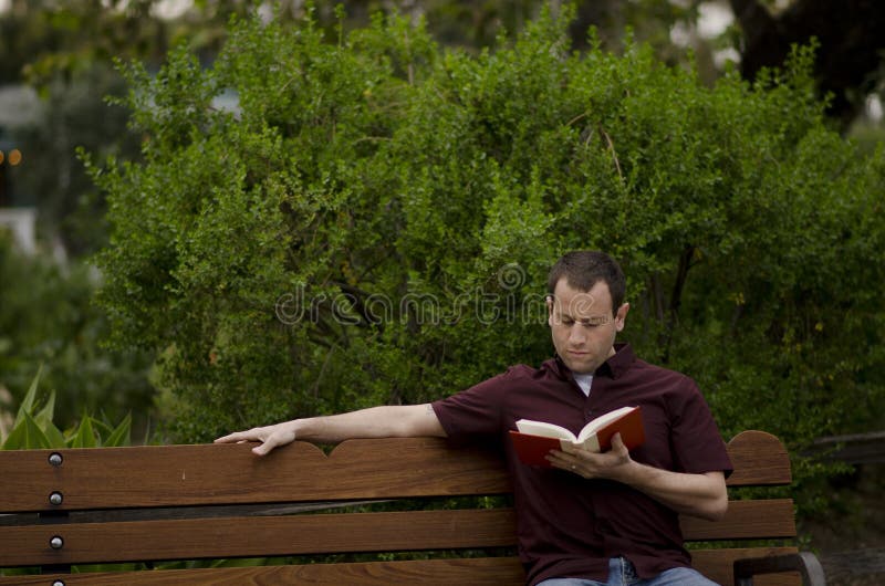 Man Relaxing on a Bench Reading a Book. Stock Photo - Image of outdoors ...